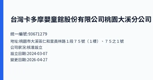 台灣卡多摩嬰童館股份有限公司桃園大溪分公司的照片-統編 93671279(桃園市) 公司登記資料與營業項目詳細圖表