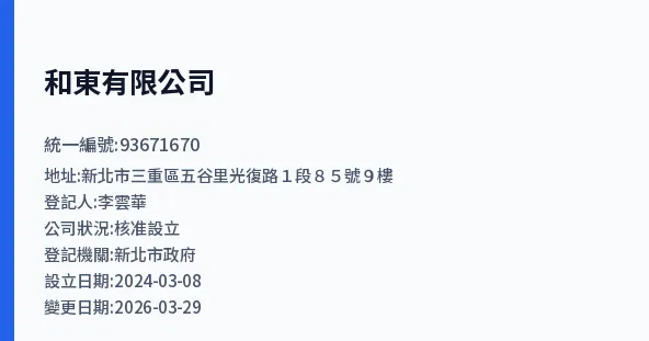 和東有限公司的照片-統編 93671670(新北市) 公司登記資料與營業項目詳細圖表