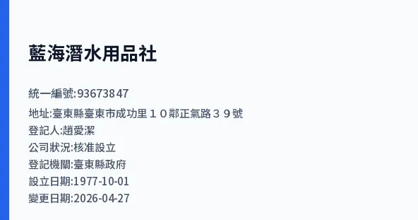 藍海潛水用品社的照片-統編 93673847(臺東縣) 公司登記資料與營業項目詳細圖表