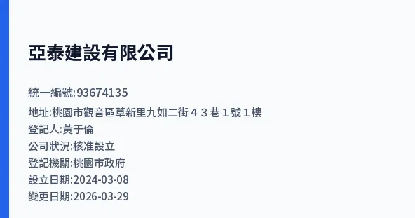 亞泰建設有限公司的照片-統編 93674135(桃園市) 公司登記資料與營業項目詳細圖表