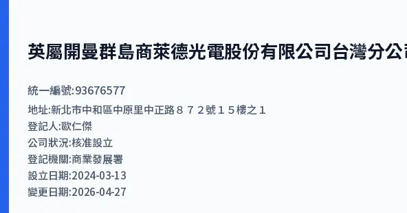 英屬開曼群島商萊德光電股份有限公司台灣分公司的照片-統編 93676577(新北市) 公司登記資料與營業項目詳細圖表