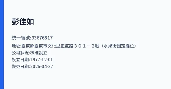 彭佳如的照片-統編 93676817(臺東縣) 公司登記資料與營業項目詳細圖表