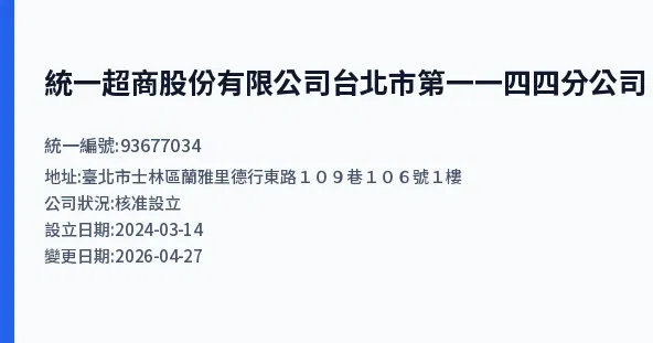 統一超商股份有限公司台北市第一一四四分公司的照片-統編 93677034(臺北市) 公司登記資料與營業項目詳細圖表
