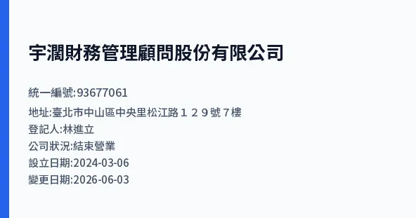 宇濶財務管理顧問股份有限公司的照片-統編 93677061(臺北市) 公司登記資料與營業項目詳細圖表
