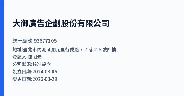 大御廣告企劃股份有限公司的照片-統編 93677105(臺北市) 公司登記資料與營業項目詳細圖表