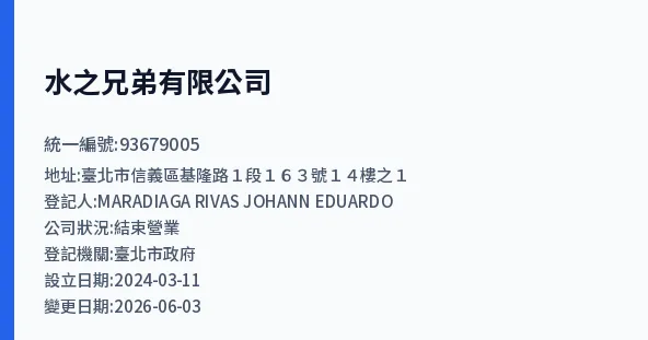 水之兄弟有限公司的照片-統編 93679005(臺北市) 公司登記資料與營業項目詳細圖表