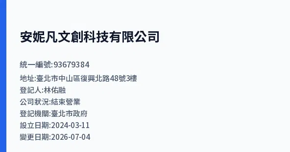 安妮凡文創科技有限公司的照片-統編 93679384(臺北市) 公司登記資料與營業項目詳細圖表