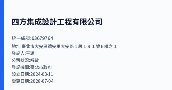四方集成設計工程有限公司的照片-統編 93679764(臺北市) 公司登記資料與營業項目詳細圖表