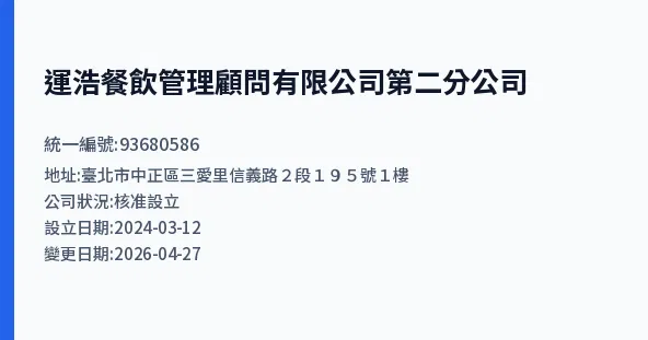 運浩餐飲管理顧問有限公司第二分公司的照片-統編 93680586(臺北市) 公司登記資料與營業項目詳細圖表
