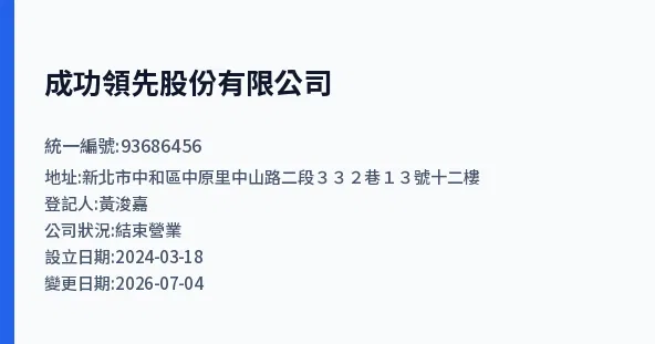 成功領先股份有限公司的照片-統編 93686456(新北市) 公司登記資料與營業項目詳細圖表