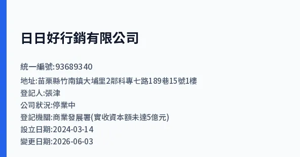 日日好行銷有限公司的照片-統編 93689340(苗栗縣) 公司登記資料與營業項目詳細圖表