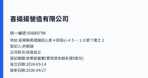 喜揚揚營造有限公司的照片-統編 93689799(苗栗縣) 公司登記資料與營業項目詳細圖表