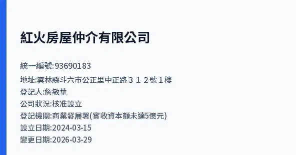 紅火房屋仲介有限公司的照片-統編 93690183(雲林縣) 公司登記資料與營業項目詳細圖表