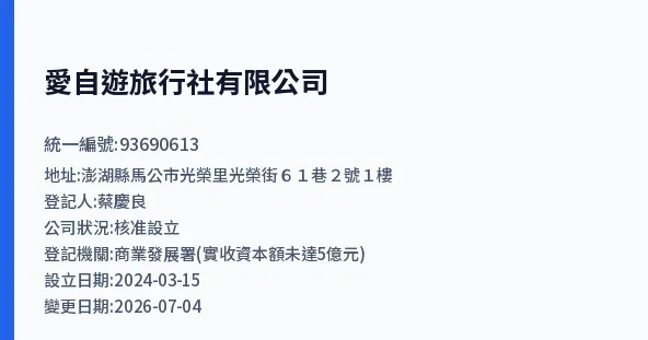愛自遊旅行社有限公司的照片-統編 93690613(澎湖縣) 公司登記資料與營業項目詳細圖表