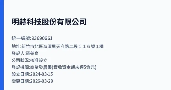 明赫科技股份有限公司的照片-統編 93690661(新竹市) 公司登記資料與營業項目詳細圖表