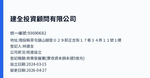 建全投資顧問有限公司的照片-統編 93690682(南投縣) 公司登記資料與營業項目詳細圖表