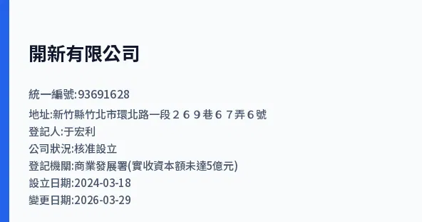 開新有限公司的照片-統編 93691628(新竹縣) 公司登記資料與營業項目詳細圖表