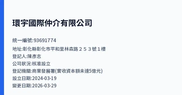 環宇國際仲介有限公司的照片-統編 93691774(彰化縣) 公司登記資料與營業項目詳細圖表