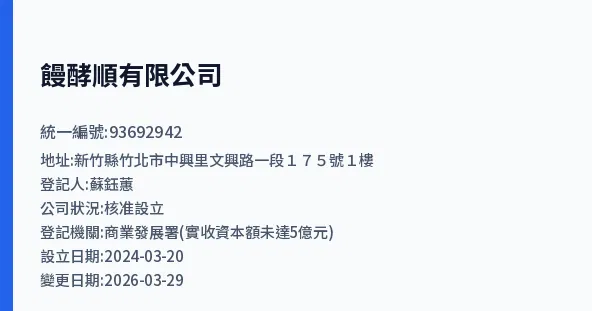 饅酵順有限公司的照片-統編 93692942(新竹縣) 公司登記資料與營業項目詳細圖表