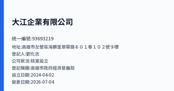 大江企業有限公司的照片-統編 93693219(高雄市) 公司登記資料與營業項目詳細圖表