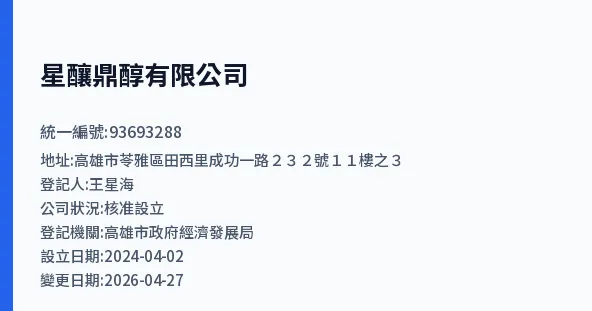 星釀鼎醇有限公司的照片-統編 93693288(高雄市) 公司登記資料與營業項目詳細圖表