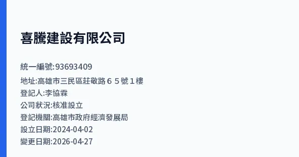 喜騰建設有限公司的照片-統編 93693409(高雄市) 公司登記資料與營業項目詳細圖表