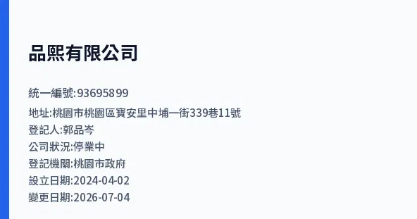 品熙有限公司的照片-統編 93695899(桃園市) 公司登記資料與營業項目詳細圖表