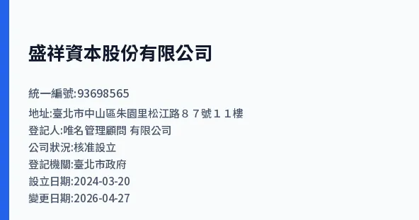 盛祥資本股份有限公司的照片-統編 93698565(臺北市) 公司登記資料與營業項目詳細圖表