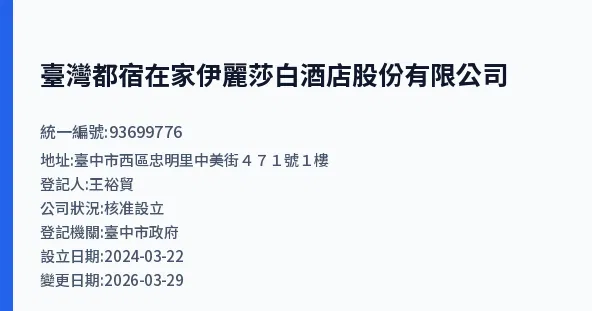 臺灣都宿在家伊麗莎白酒店股份有限公司的照片-統編 93699776(臺中市) 公司登記資料與營業項目詳細圖表