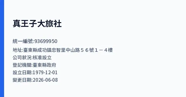 真王子大旅社的照片-統編 93699950(臺東縣) 公司登記資料與營業項目詳細圖表