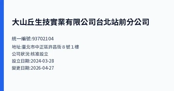 大山丘生技實業有限公司台北站前分公司的照片-統編 93702104(臺北市) 公司登記資料與營業項目詳細圖表