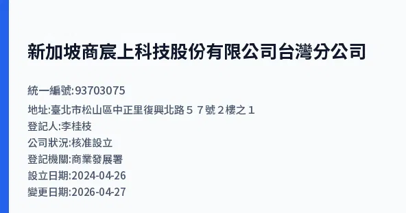 新加坡商宸上科技股份有限公司台灣分公司的照片-統編 93703075(臺北市) 公司登記資料與營業項目詳細圖表