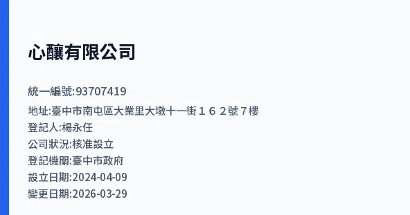 心釀有限公司的照片-統編 93707419(臺中市) 公司登記資料與營業項目詳細圖表