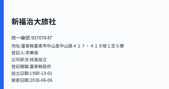 新福治大旅社的照片-統編 93707847(臺東縣) 公司登記資料與營業項目詳細圖表