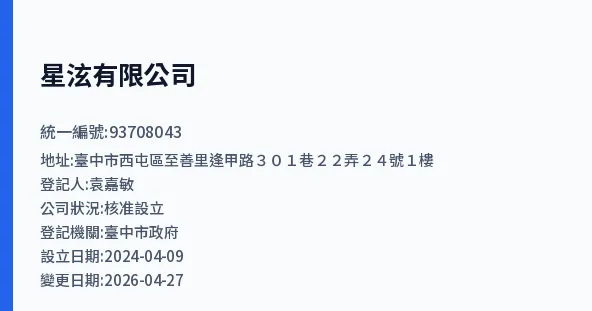 星泫有限公司的照片-統編 93708043(臺中市) 公司登記資料與營業項目詳細圖表