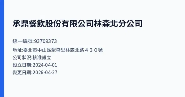 承鼎餐飲股份有限公司林森北分公司的照片-統編 93709373(臺北市) 公司登記資料與營業項目詳細圖表