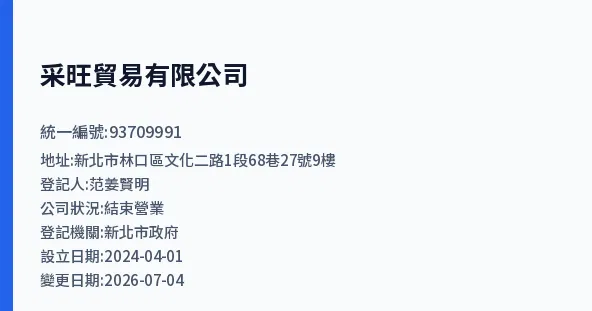 采旺貿易有限公司的照片-統編 93709991(新北市) 公司登記資料與營業項目詳細圖表
