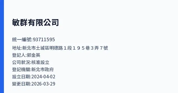 敏群有限公司的照片-統編 93711595(新北市) 公司登記資料與營業項目詳細圖表