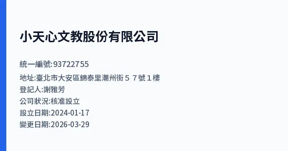 小天心文教股份有限公司的照片-統編 93722755(臺北市) 公司登記資料與營業項目詳細圖表