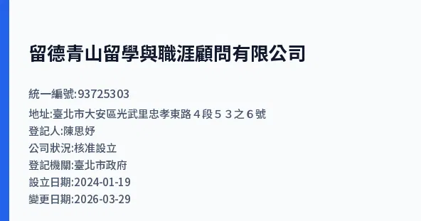 留德青山留學與職涯顧問有限公司的照片-統編 93725303(臺北市) 公司登記資料與營業項目詳細圖表