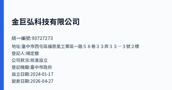 金巨弘科技有限公司的照片-統編 93727273(臺中市) 公司登記資料與營業項目詳細圖表