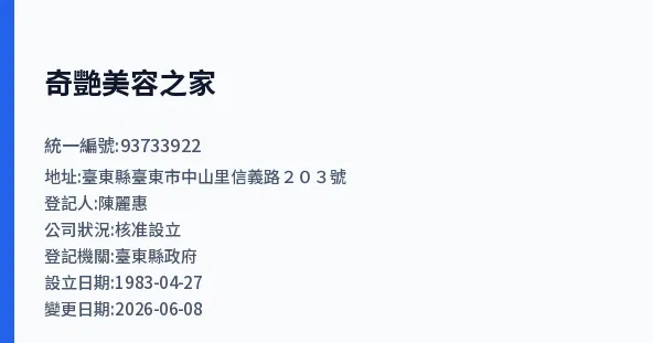 奇艷美容之家的照片-統編 93733922(臺東縣) 公司登記資料與營業項目詳細圖表