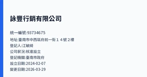 詠豐行銷有限公司的照片-統編 93734675(臺南市) 公司登記資料與營業項目詳細圖表