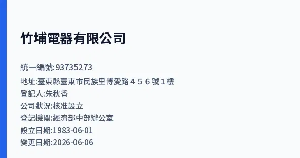 竹埔電器有限公司的照片-統編 93735273(臺東縣) 公司登記資料與營業項目詳細圖表