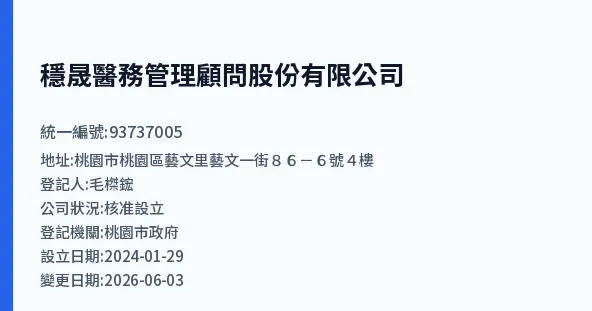 穩晟醫務管理顧問股份有限公司的照片-統編 93737005(桃園市) 公司登記資料與營業項目詳細圖表