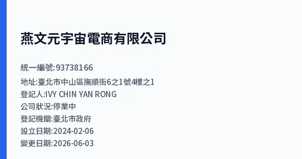燕文元宇宙電商有限公司的照片-統編 93738166(臺北市) 公司登記資料與營業項目詳細圖表