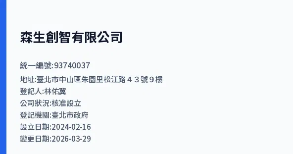 森生創智有限公司的照片-統編 93740037(臺北市) 公司登記資料與營業項目詳細圖表