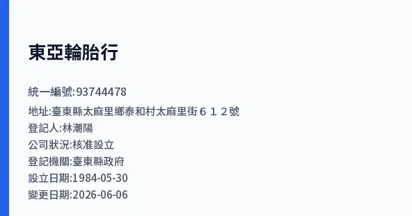 東亞輪胎行的照片-統編 93744478(臺東縣) 公司登記資料與營業項目詳細圖表