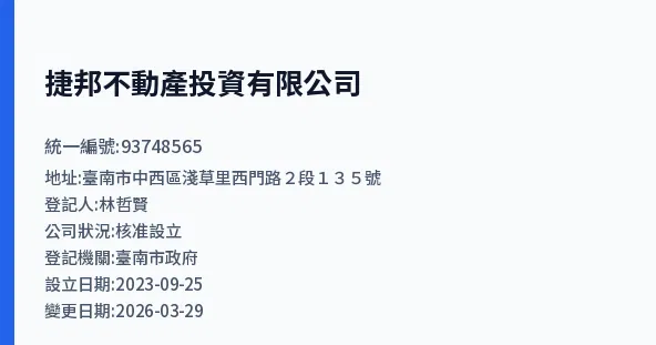 捷邦不動產投資有限公司的照片-統編 93748565(臺南市) 公司登記資料與營業項目詳細圖表