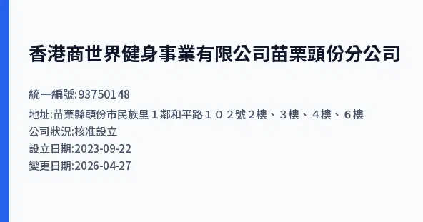 香港商世界健身事業有限公司苗栗頭份分公司的照片-統編 93750148(苗栗縣) 公司登記資料與營業項目詳細圖表